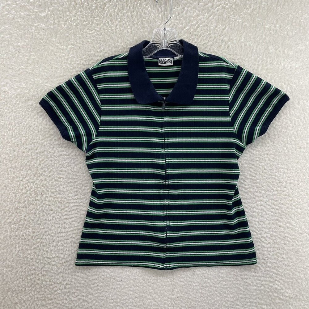 90s Vintage Basic Editions Navy Blue Green Striped Fu… - Gem